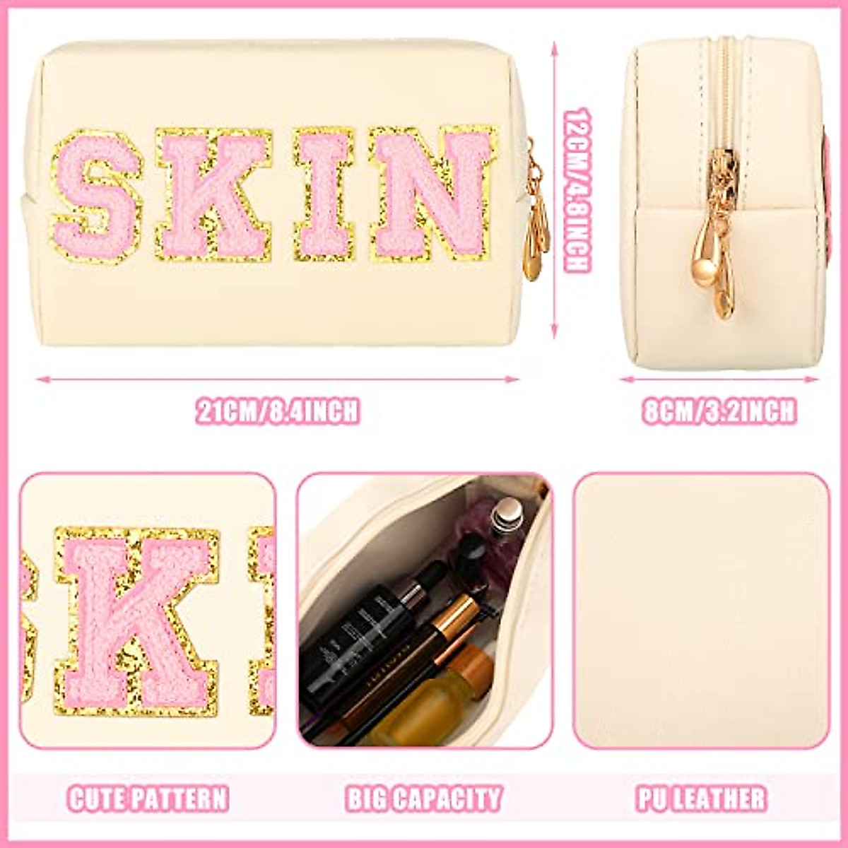 3 Pcs Patch Waterproof Toiletry Bag Preppy Makeup Bag Chenille Letters Preppy Bag Cosmetic Bag for Purse Portable Preppy Patch Bag Storage Pouch for Women (Beige, Light Blue, Pink, PU Leather)