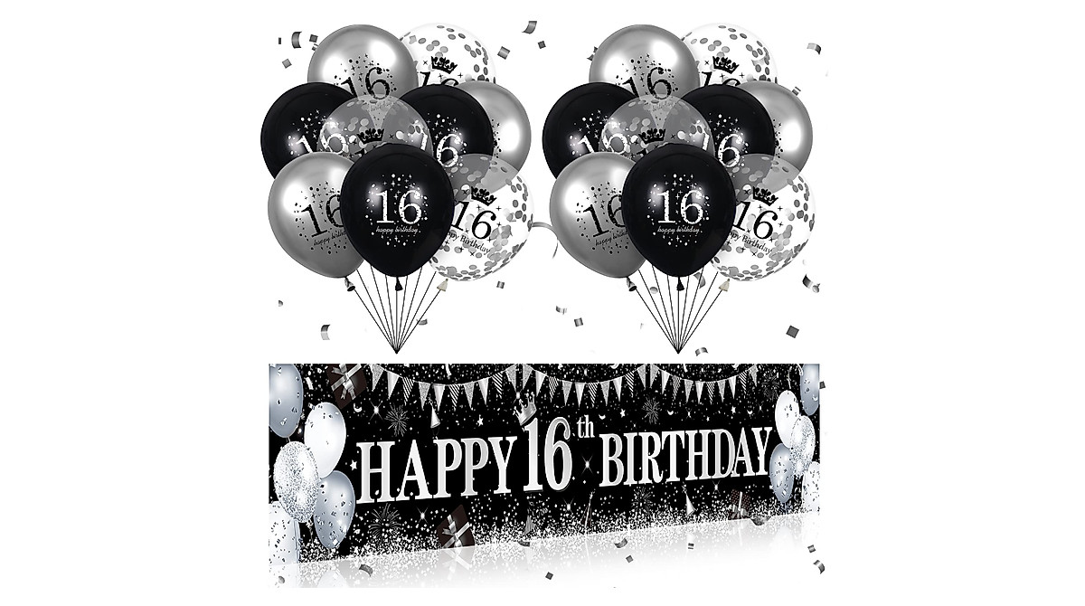 Stylish Black Silver 16th Birthday Decorations Set
