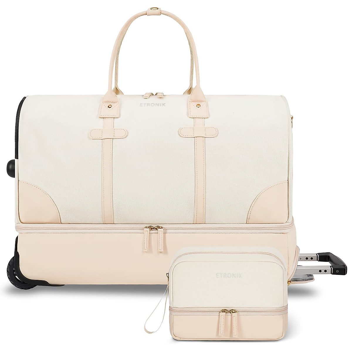 ETRONIK Rolling Duffle Bag with Wheels, 21 Inch Carry on Bag for Airplanes with Shoes Compartment, Canvas Weekender Overnight Bag for Women with Toiletry Bag, Beige