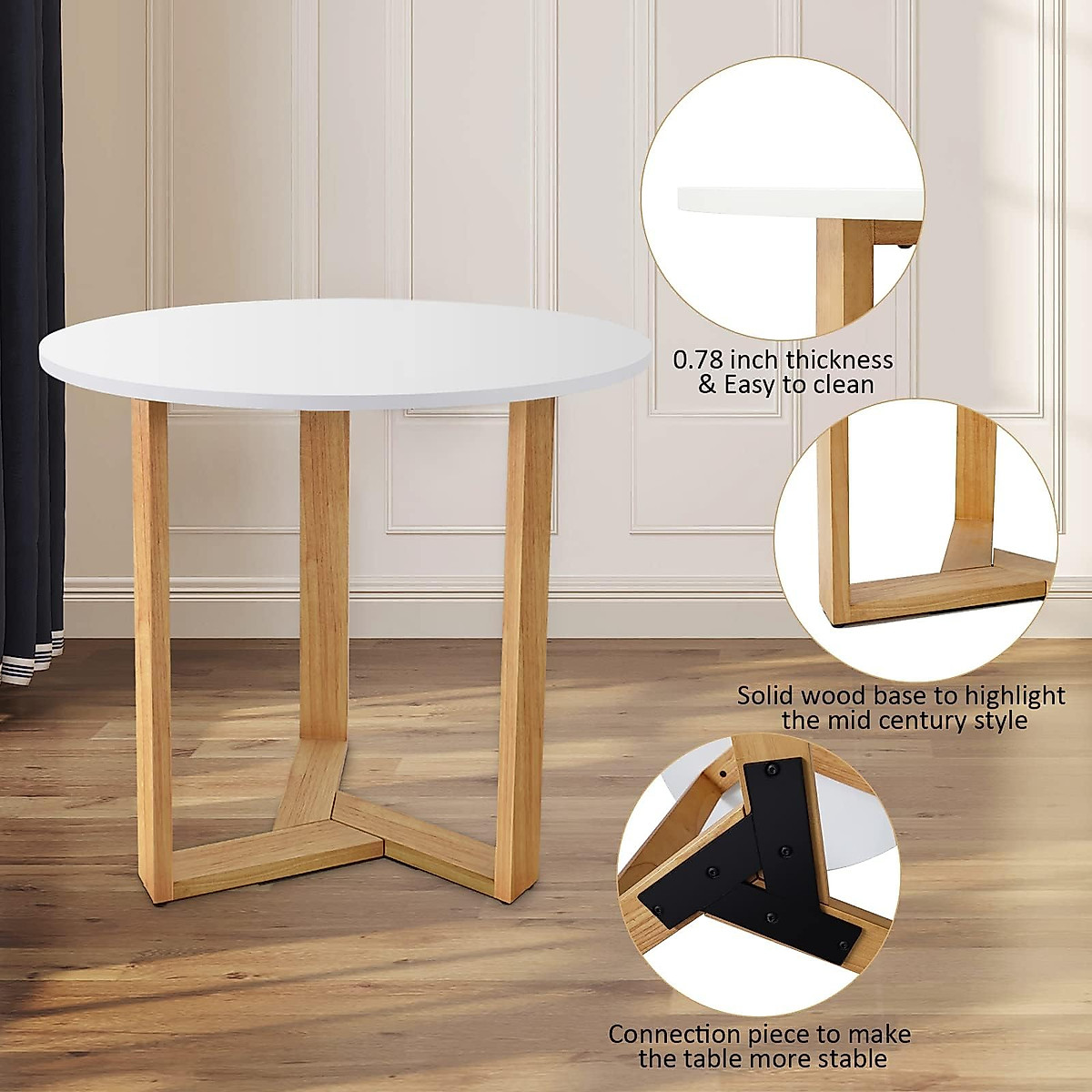 KithKasa 31.5" Mid Century Modern Round White Dining Table for 2-4, with Wood Legs & MDF Tabletop for Small Space Dining Room Narrow Nook