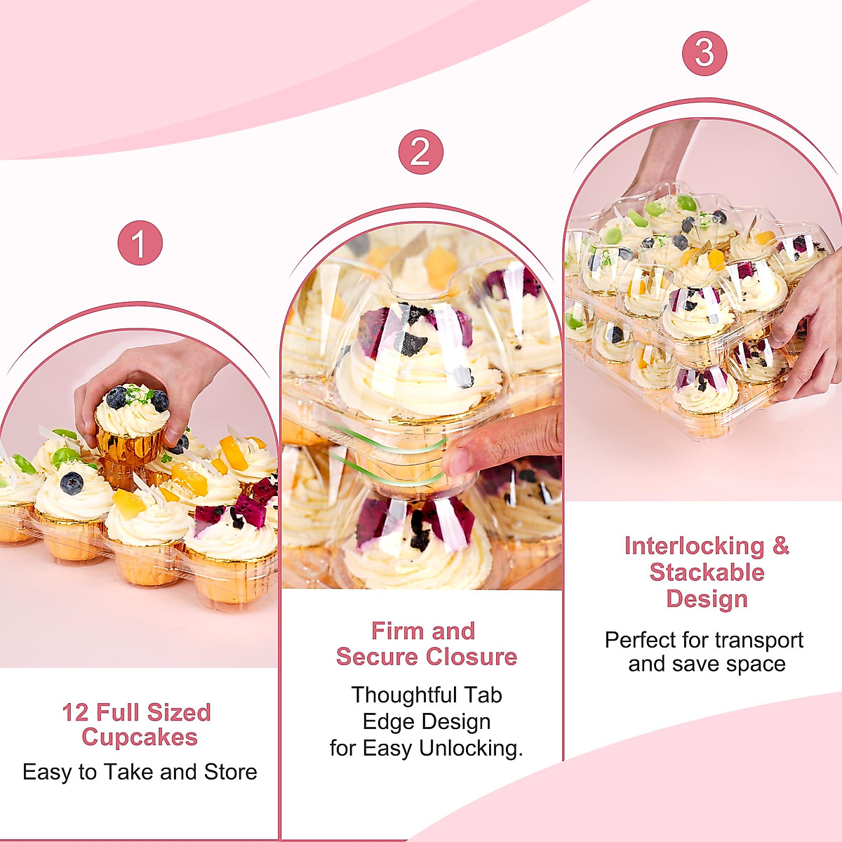 oridom Cupcake Carrier 12 Pack*12 Sets, Stackable Plastic Cupcake Containers Boxes 12 Count, Clear Cupcake Holder with Detachable High Dome Lid, Disposable Cupcake Storage Containers Cupcake Trays