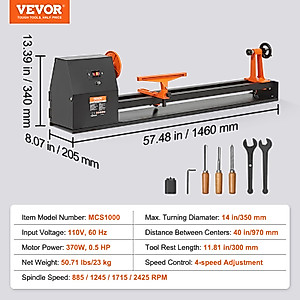 VEVOR Benchtop Wood Lathe, 14 in x 40 in, 0.5 HP 370W Power Wood Turning Lathe Machine, 4 Speed Adjustable 885/1245/1715/2425 RPM with Chisels Faceplate Plastic Handle Hex Wrench, for Woodworking