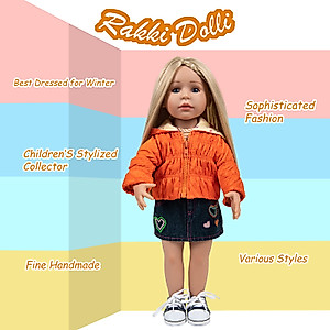Rakki Dolli Doll Clothes Set Fashion 4 Pieces includes Warm Hooded Coat, T-Shirt, Jeans Skirt & Underpants, Handmade Party Dress Casual Wear Fits 18 Inch American Girls Dolls 004