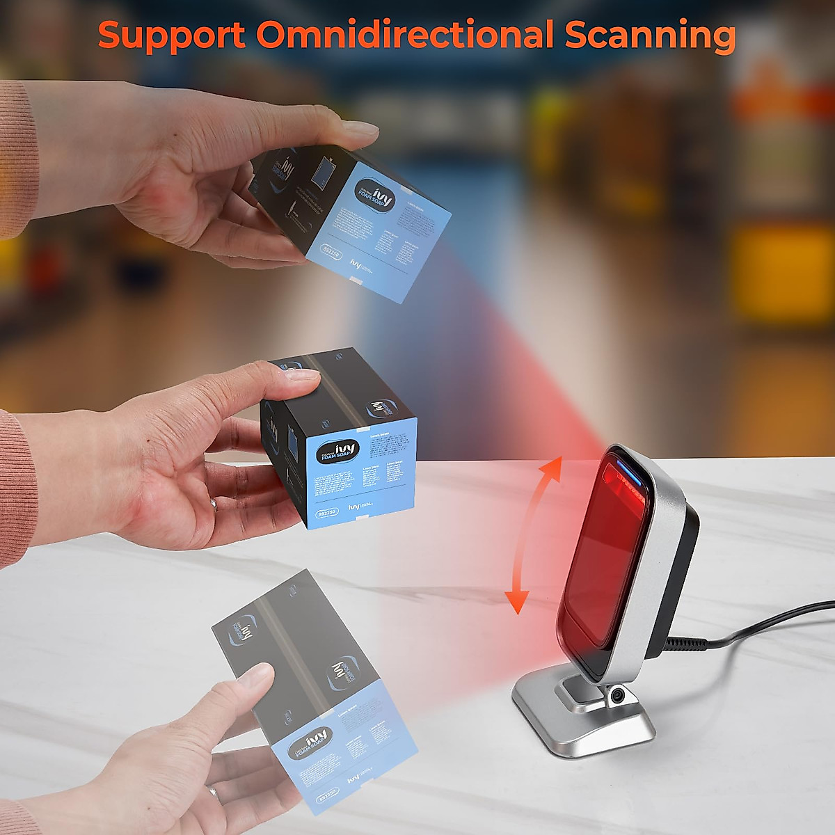 MUNBYN 1D 2D QR Desktop Barcode Scanner Omnidirectional Manual/Automatic Image Sensing Scanner Hands-Free USB Scanner for Windows, Linux, Mac PC for Mobile E-Payment, Supermarket, POS System, Library