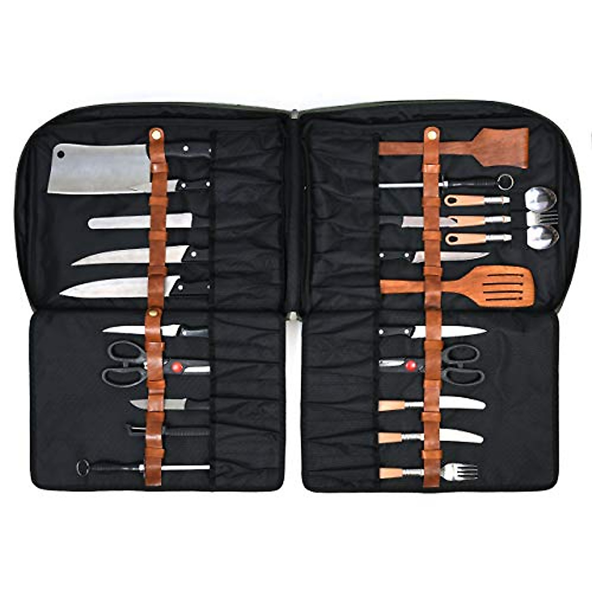 Genuine Leather Chef Knife Bag Retro Backpack | 20+ Slots for Knives and Chef Tools | Hidden Back Pocket for Tablet | Sturdy Knife Bags For Chefs & Culinary Students | Light Brown