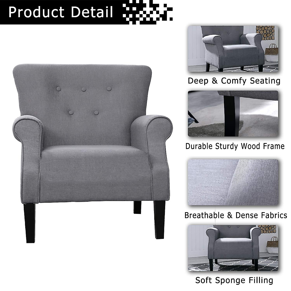 Festival Depot 1 Piece Indoor Modern Fabric Furniture Accent Arm Chair Single Sofa for Living Room Bedroom with Comfortable Seat (Grey)