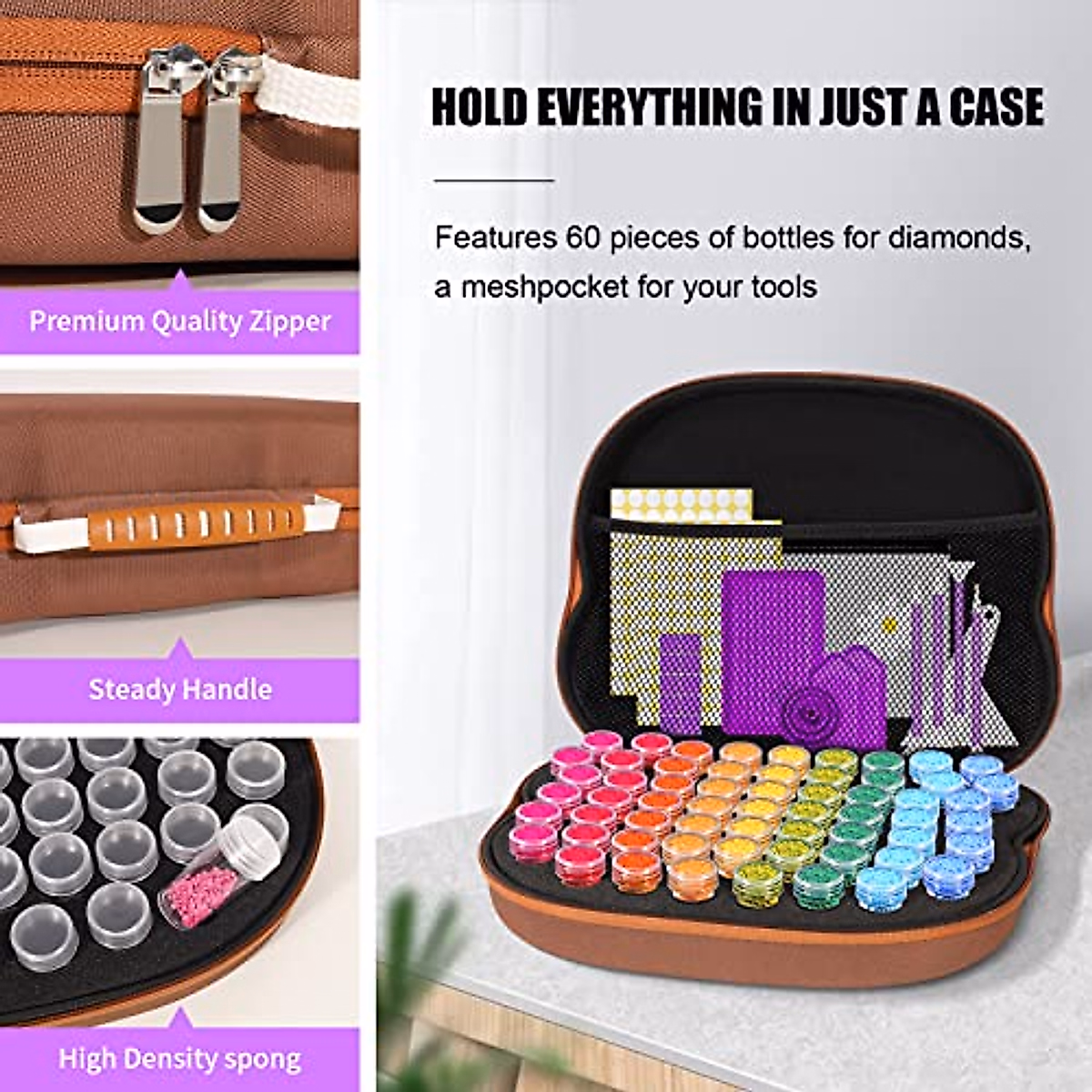 ZORETCO Diamond Painting Storage Containers,60 Slots Diamond Art Accessories, 5D Diamond Painting Kits with Tools for Jewelry Bead Rhinestones Organizer (Brown)