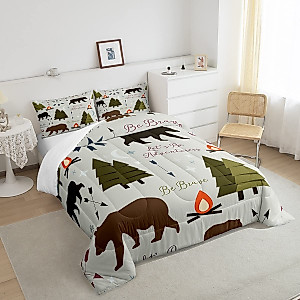 Homewish Happy Camping Bedding Set Full Size Hunt Bear Pine Trees Comforter Set for Kids Boys Men Adults Cabin Room Decor Campfire Arrow Cartoon Quilt Set Wild Outdoor Adventure Duvet Insert 3pcs