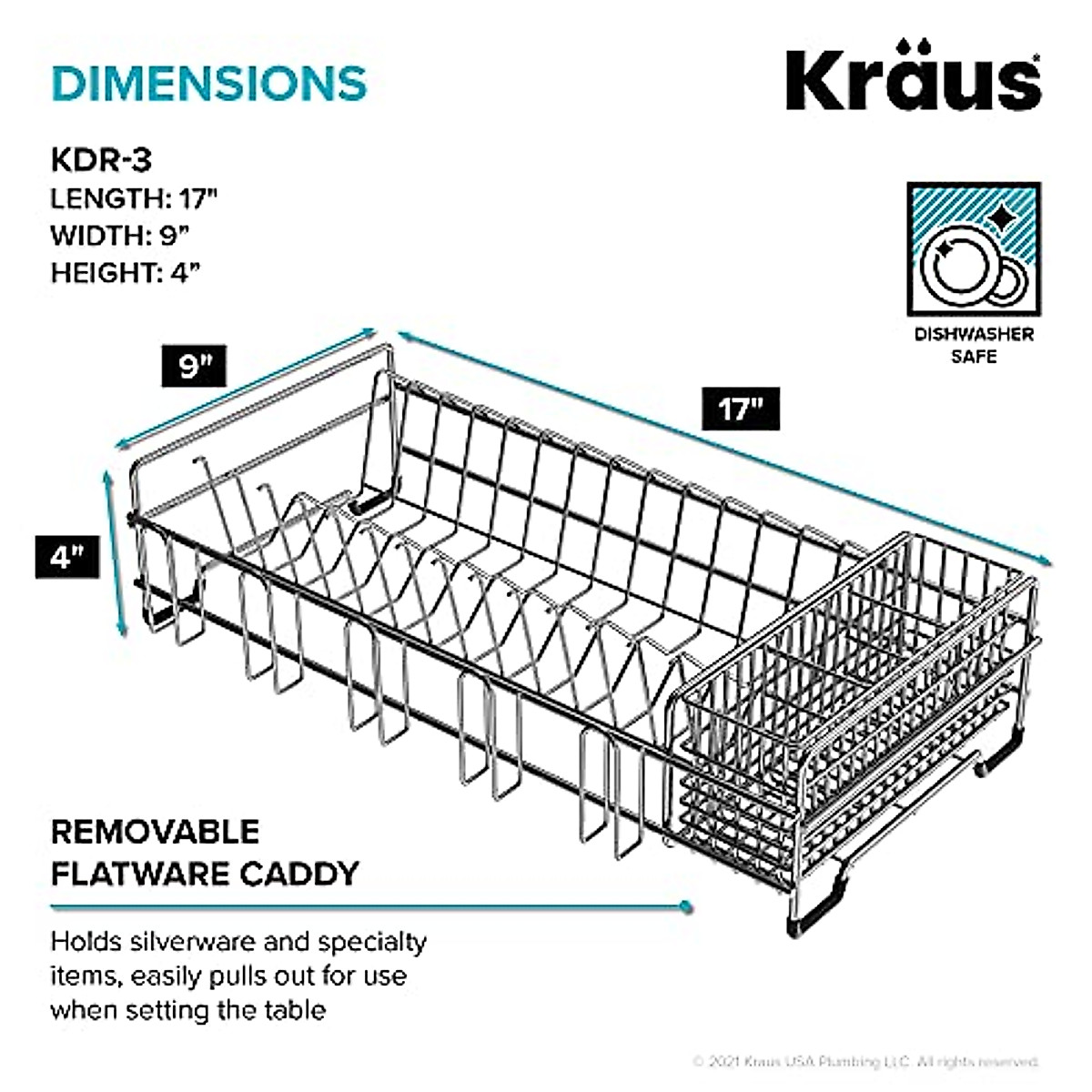 Kraus KDR-3 Kore Kitchen Sink Dish Drying Rack Drainer and Utensil Holder, 17 inch, Silver