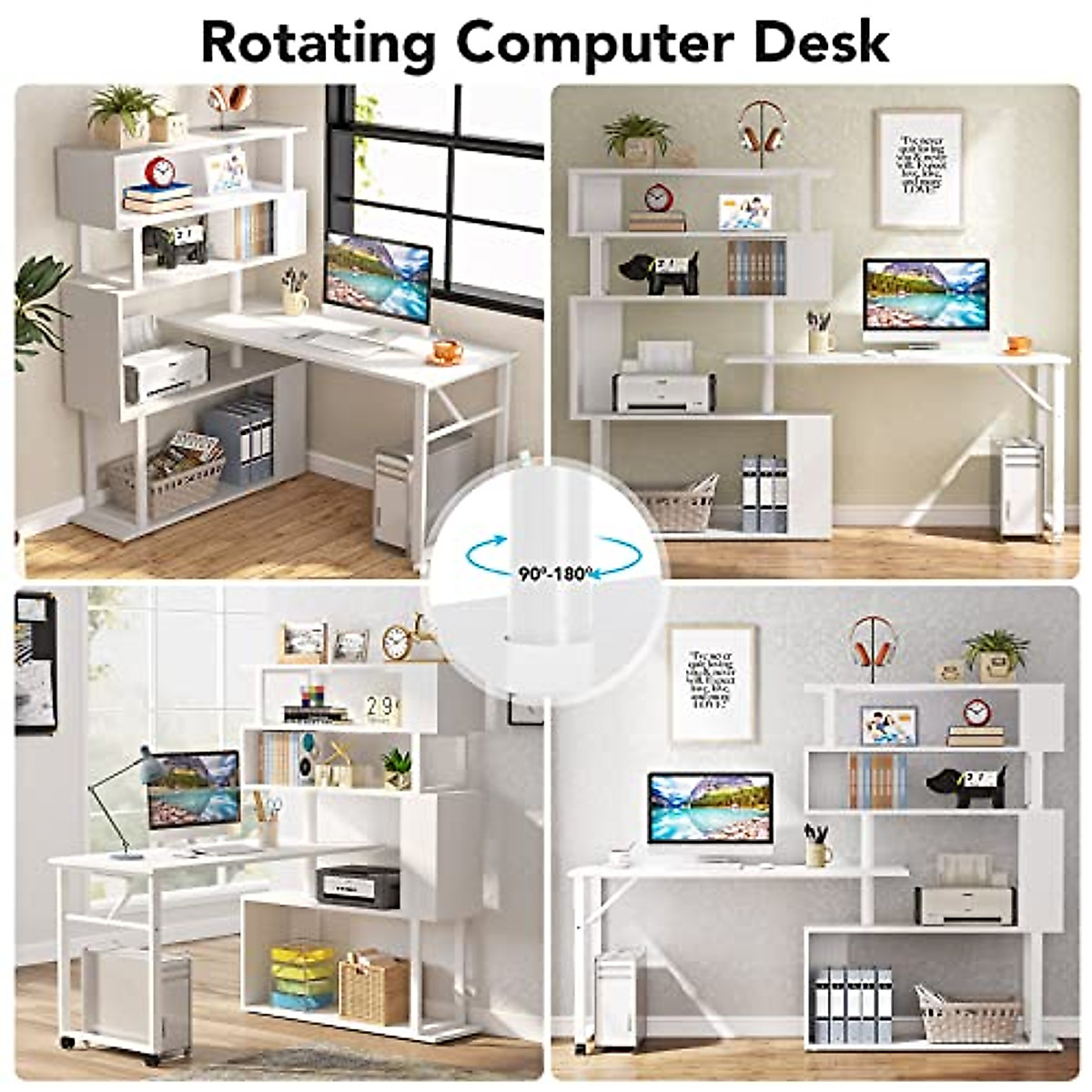 Tribesigns Rotating Computer Desk with 5 Shelves Bookshelf, Modern L-Shaped Corner Desk with Storage, Reversible Office Desk Study Table Writing Desk on Wheels for Home Office (White)
