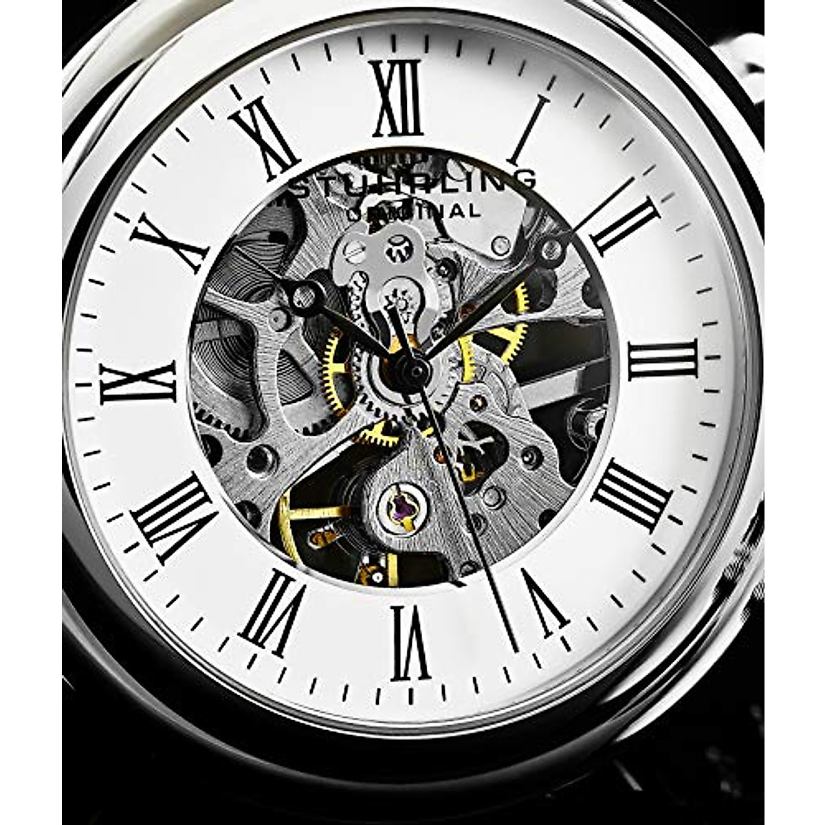 Stuhrling Original Men's Pocket Watch Stainless Steel Analog Skeleton Watch Hand Wind Mechanical Movement Stainless Steel Chain