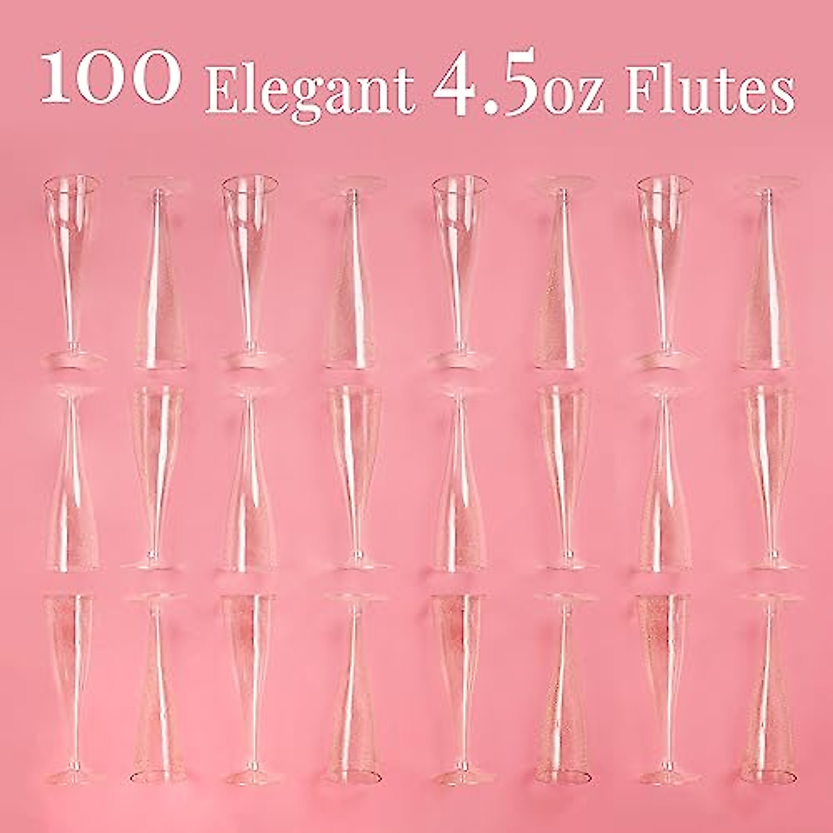 Prestee 100 Champagne Flutes Plastic | Disposable Champagne Flute | Gold Glitter Plastic Champagne Glasses for Parties | Mimosa Bar, Wedding, and Shower Party Supplies | Plastic Party Glasses (Gold)