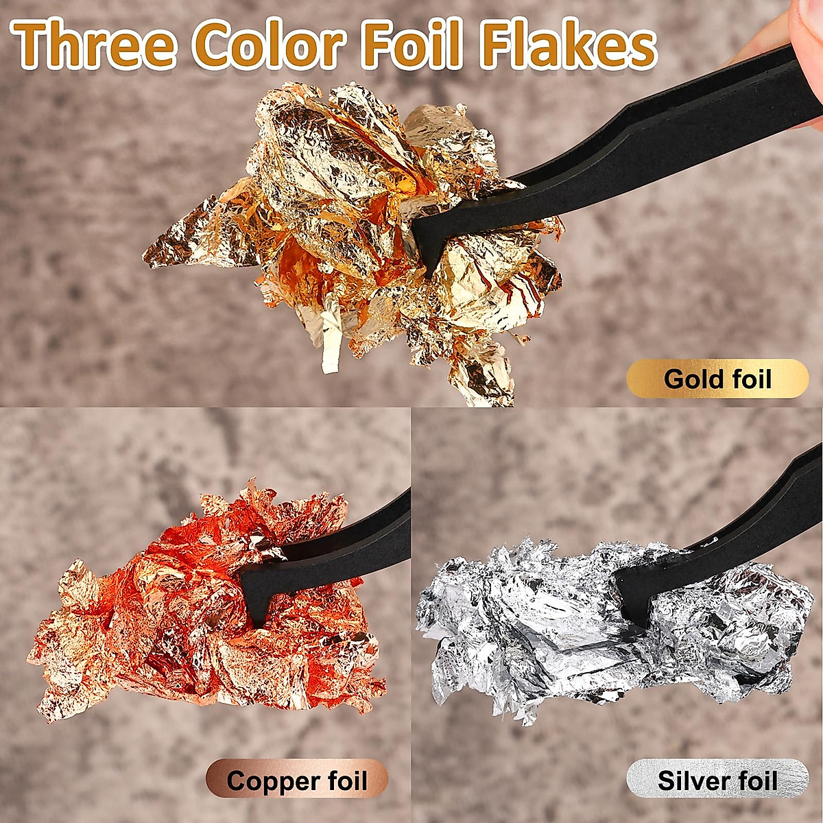 CHMI Gold Foil Flakes for Resin -15g, Jewelry Making, Imitation Gold Foil Flakes Metallic Leaf for Nails, Painting, Crafts, Slime and Resin Jewelry Making (Gold, Silver, Copper Colors)