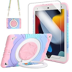 for 9th 8th 7th Generation Case with Screen Protector 360 Rotating Stand/Handle, 10.2 Case with Shoulder Strap Pencil Holder for Kids Hard Stars Cover for 10.2'' (2021/2020/2019)-Pink