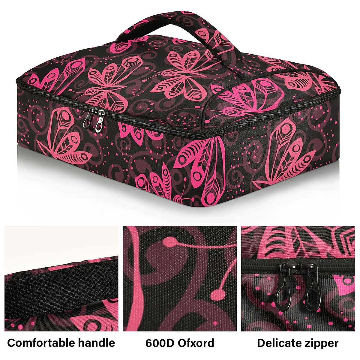 NFMILI Casserole Carrier for Hot and Cold Bright Pink Butterfly Print, Insulated Food Delivery Bag Reusable Warmer Carrier Bag with Inner Pocket Aesthetic Print 15.75×11.81×3.94 inch