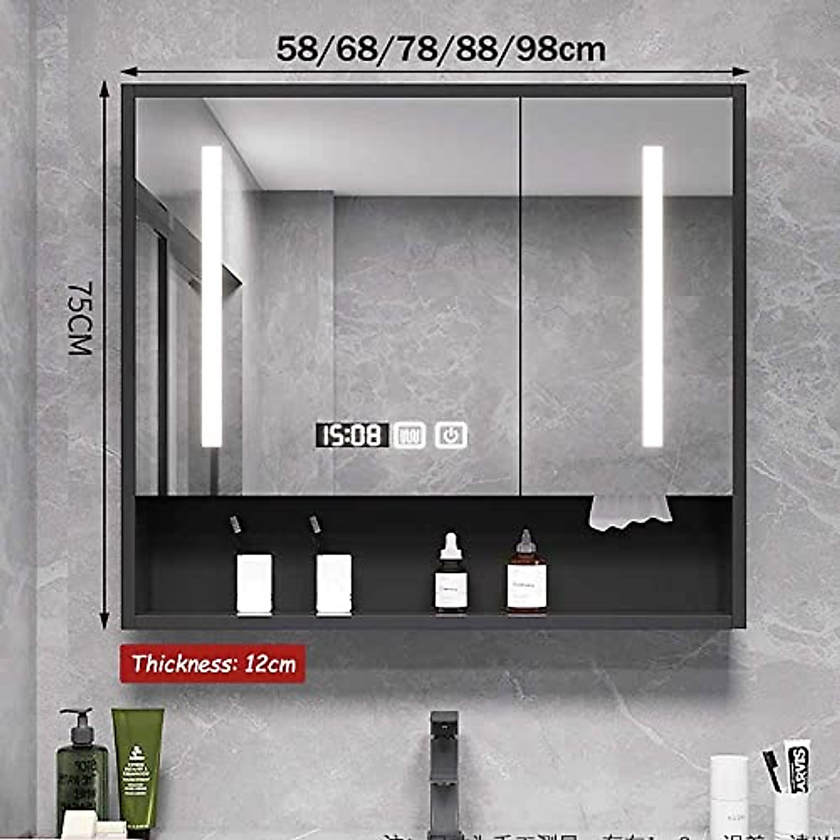 TISSY Bathroom Mirror Cabinet, Wall Mounted Smart Medicine Cabinet with LED Mirror, Anti-Fog Waterproof, Touch Switch, Wooden Housewarming Gift, 90cm/36inch (Color : Black, Size : 80cm)
