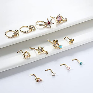 JOERICA 12 Pcs 20G Dangle Nose Rings for Women Nose Stud L Shaped Stainless Steel Nose Ring Hoops Butterfly Heart Moon Flower Evil Eye Crown CZ Dangling Nose Piercing Jewelry