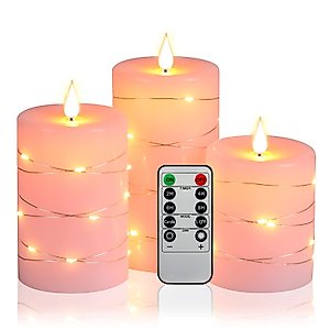 Upinmz Flameless Candle Battery with String of Lights Battery Powered LED Candle Flashing Candle with Remote Control and Timer 3 Packs (Pink)