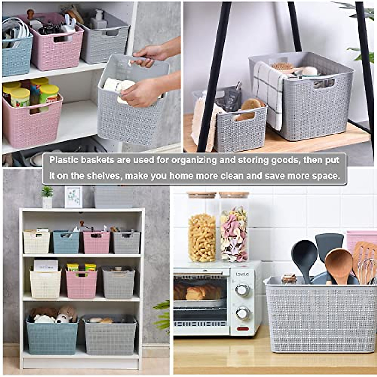 AYSUM 8 Pack Plastic Storage Basket, 9.7 x 6.5 x 5.5 Inch, Small Plastic Baskets Stackable Plastic Woven Organizer with Handle for Home Office - Grey