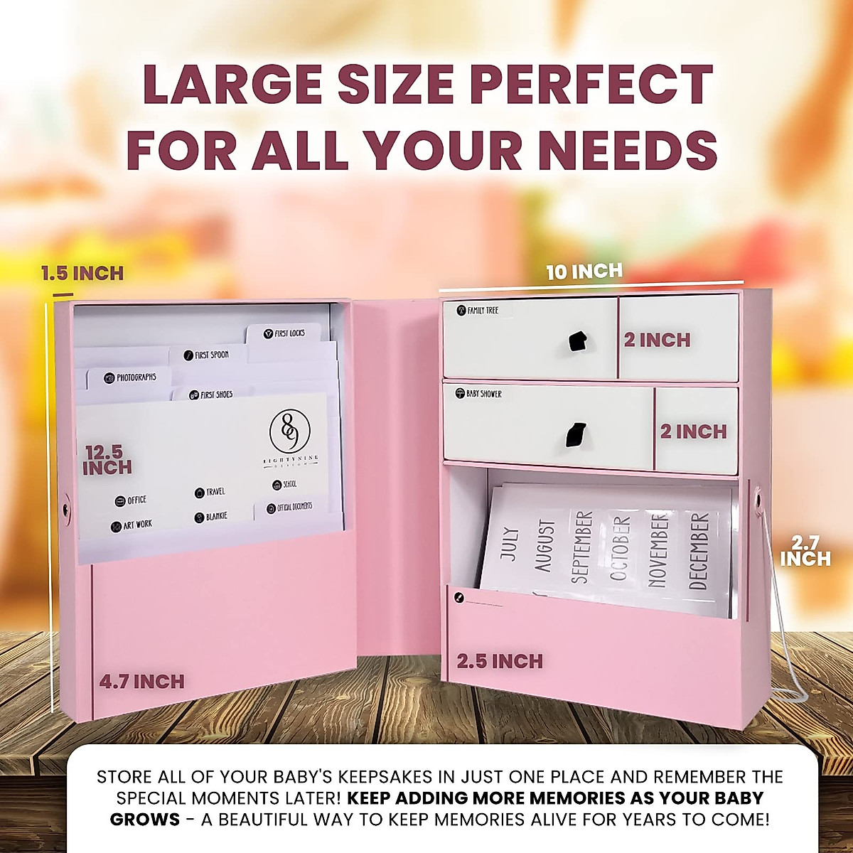 EightyNine Design Baby Keepsake Box, Baby Girl Memory Box for Keepsakes, including Paper Files and Stickers, perfect baby gift