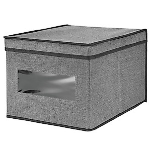 mDesign Large Fabric Stackable Closet Organizer Box with Clear Window/Lid for Bedroom, Office, Bathroom, Mudroom Organization - Shoe, Sweater, Clothes Storage, Lido Collection, Dark Gray/Black