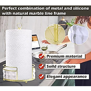 Koluti Paper Towel Holder Countertop, Farmhouse Kitchen Paper Roll Stand, Rustic Gold Metal Paper Towel Rack Organizer Storage for Dining Table, with Courtyard Fence, Marble Print Silicone Finish