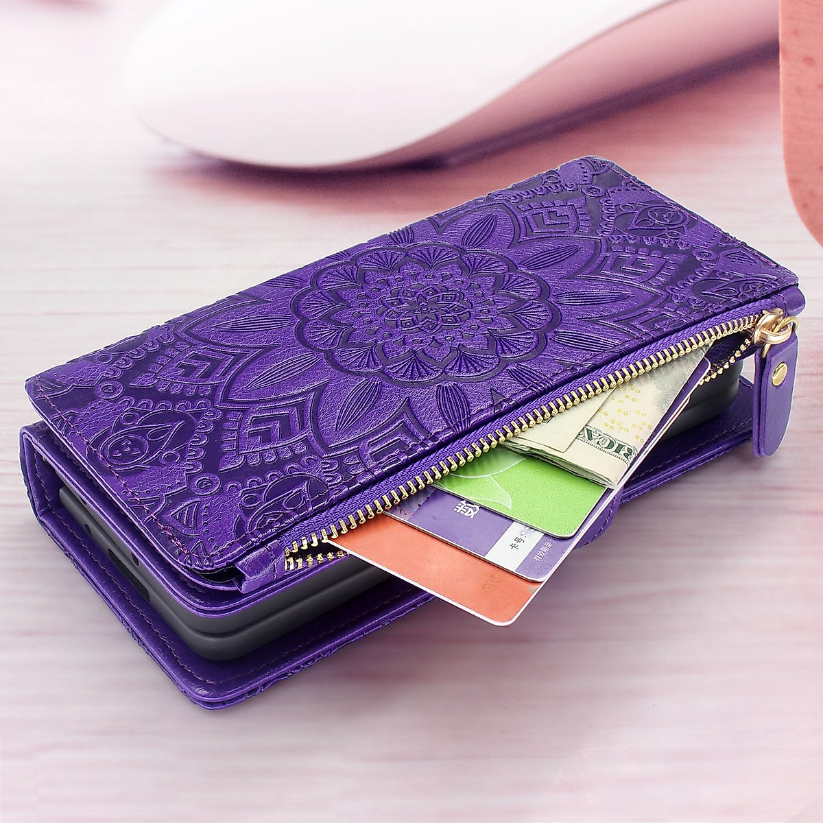 Harryshell Detachable Magnetic Case Wallet with Cash Coin Zipper Pocket 12 Card Slots Holder Wrist Strap Lanyard for Samsung Galaxy Z Fold 5 5G Z Fold5 (2023) (Flower Purple)