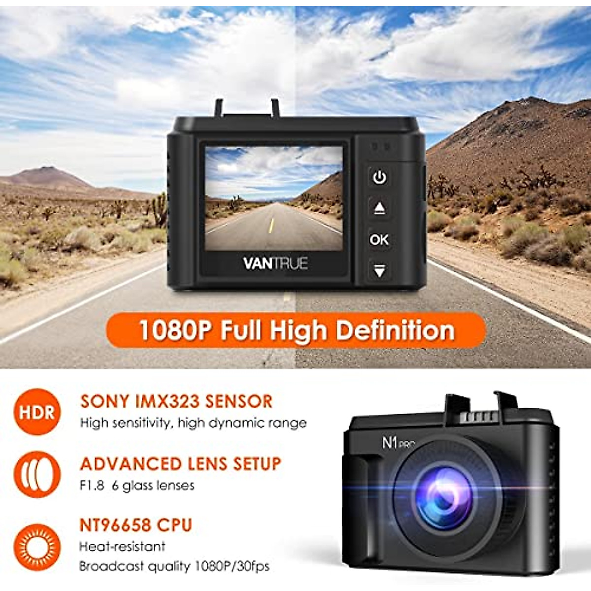 Vantrue N1 Pro Mini Dash Cam Full HD 1920x1080P Car Dash Camera 1.5 inch 160 Degree DashCam with Super Night Vision Sensor, 24 Hrs Parking Mode, Motion Detection, Support 256GB Max(2023)