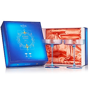 Rose Pink Ribbed Coupe Cocktail, Champagne & Martini Glasses 8 oz | Set of 2 | Retro Style Classic Manhattan Glasses For Cocktails, Ripple Coupe Glasses, Art Deco Gatsby Vintage, Crystal with Stems