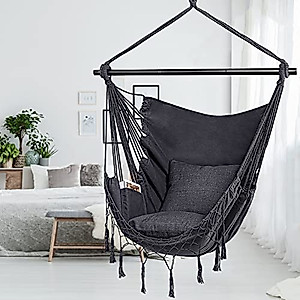 HBlife Hammock Chair, Max 330 Lbs, 2 Pillows Included, Dark Gray Hanging Chair with Pocket and Macrame, Swing Rope Chair for Bedroom, Backyard and Deck