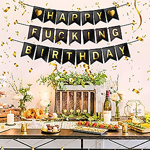 Happy Birthday Banner, Personalized Name Happy Birthday Decorations Black and Gold with 2 Sets A-Z Letters Multi Occasion Bunting Sign Confetti Balloons for Men Women Boys Girls Kids