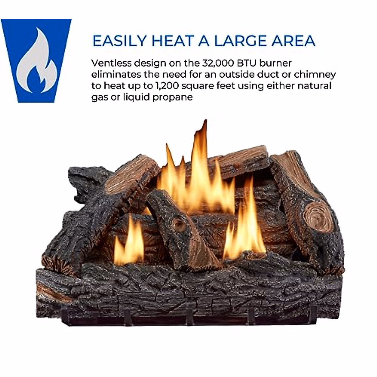 HearthSense VFL24T Dual Fuel Ventless Fireplace Logs Set with Thermostat, Use with Natural Gas or Liquid Propane, 32000 BTU, Heats up to 1100 Sq. Ft, Brown, 24 Inches