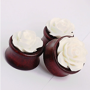 IPINK- Natural Bamboo Wood Hollow Ear Plug White Rose Flower Ear Tunnels (Pair of 00 gauge(10mm))
