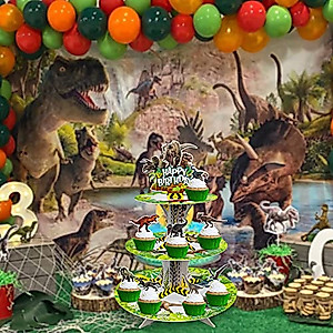 Dinosaur Cupcake Toppers 24Pcs and Dinosaur Cupcake Stand Jurassic Birthday Party Supplies Set for Kids Boys Dinosaur Theme Birthday Party Decorations 3 Tier Dino Cardboard Cupcake Stand Topper