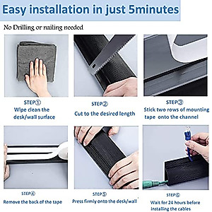 Cable Management 62.6'' J Channel Cable Raceway, 4 Pack Cord Cover, Under Desk Cable Management Kit, Self-Adhesive Desk Cabel Organizer, Easy to Install Cord Organizer for Home Office, 4X15.7IN Black