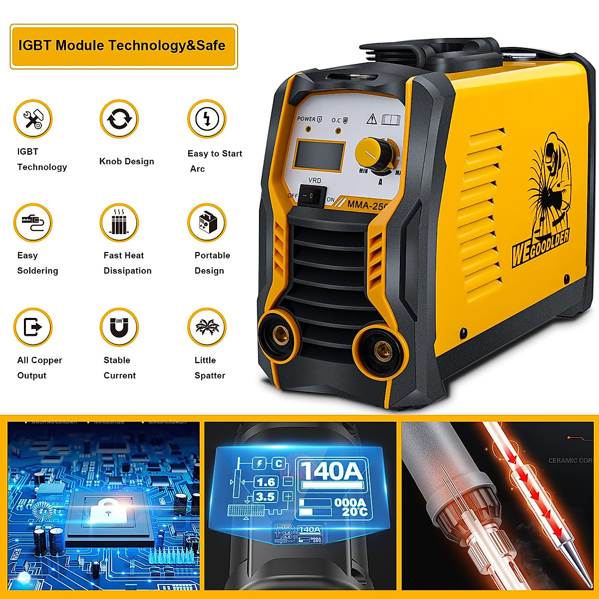 WEGOODLDER 110/220V Mini MMA Welder 250Amp ARC Stick Welding Machine IGBT Digital Display LCD Dual Voltage Welder with Electrode Holder Work Clamp Input Power Adapter Cable