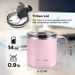 HAUSHOF 14 oz Coffee Mug, Insulated Coffee Mug with Handle, Travel Camping Cup, Portable Stainless Steel Coffee Cup, Insulated Coffee Cups with Lid, Pink