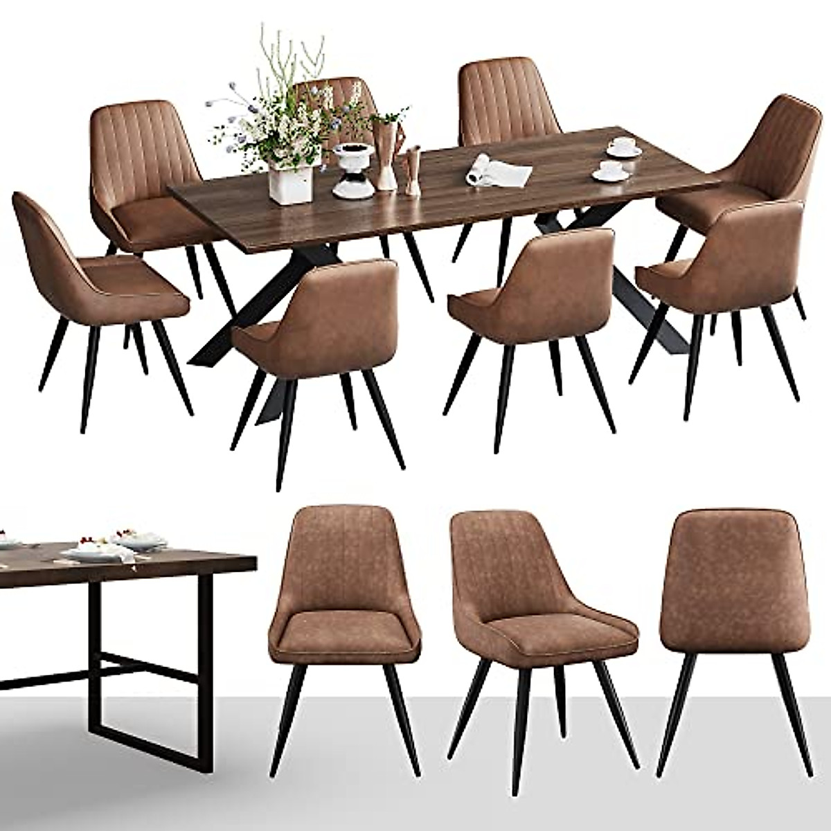 Andeworld Upholstered Dining Chairs Set of 2, Comfortable Modern Accent Chairs with Metal Legs,Faux Leather Industrial Side Leisure Chair for Living Room/Dining Room/Bistro/Coffee -Brown