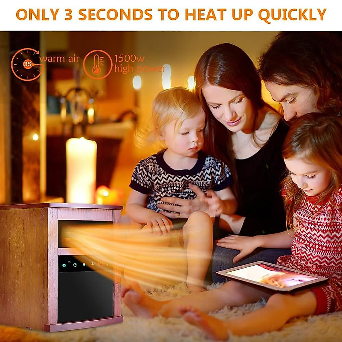 TRUSTECH Electric Space Heaters for Indoor Use, 1500W Infrared Heater with Remote Control, 3 Mode, 12h Timer, Small Portable Heater with Overheat & Tip-Over Protection, Room Heater for Bedroom, Office