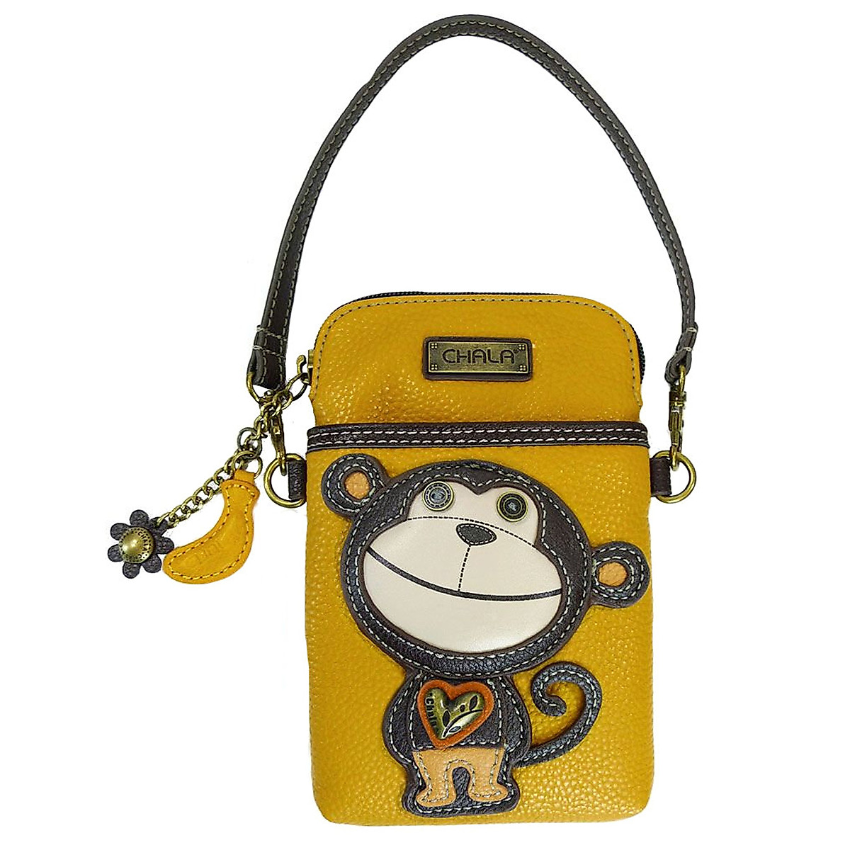 Chala Group Monkey Cellphone Crossbody Handbag - Convertible Strap, Yellow, 5" x 7.5" x 1"