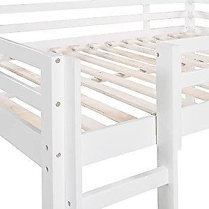 LostCat Full Loft Bed with Slide, Low Loft Bed, Full Wood Loft Bed Full Size Loft Bed with Slide & Ladder, Safety Guardrail for Kids/Girls/Boys, No Box Spring Needed, White