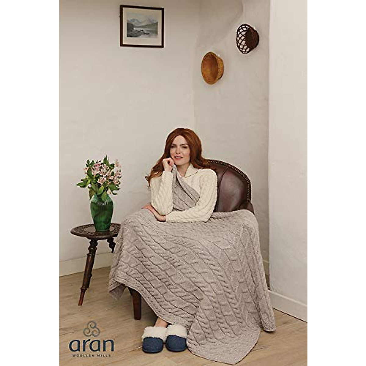 Irish Cable Knit Blanket Supersoft Merino Wool Throw Made in Ireland 40" x 60" (Toasted Oat)