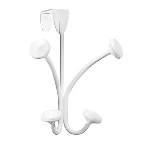 mDesign Decorative Over Door 4 Hanging Hooks, Steel Storage Organizer Rack for Coats, Hoodies, Hats, Scarves, Purses, Leashes, Bath Towels, Robes, Mens and Womens Clothing - White