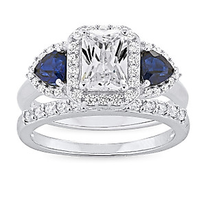 .925 Sterling Silver Radiant Cut Cubic Zirconia & Trillion Cut Lab Created Blue Sapphire Halo Three Stone Engagement and Wedding Ring Set - Size 7