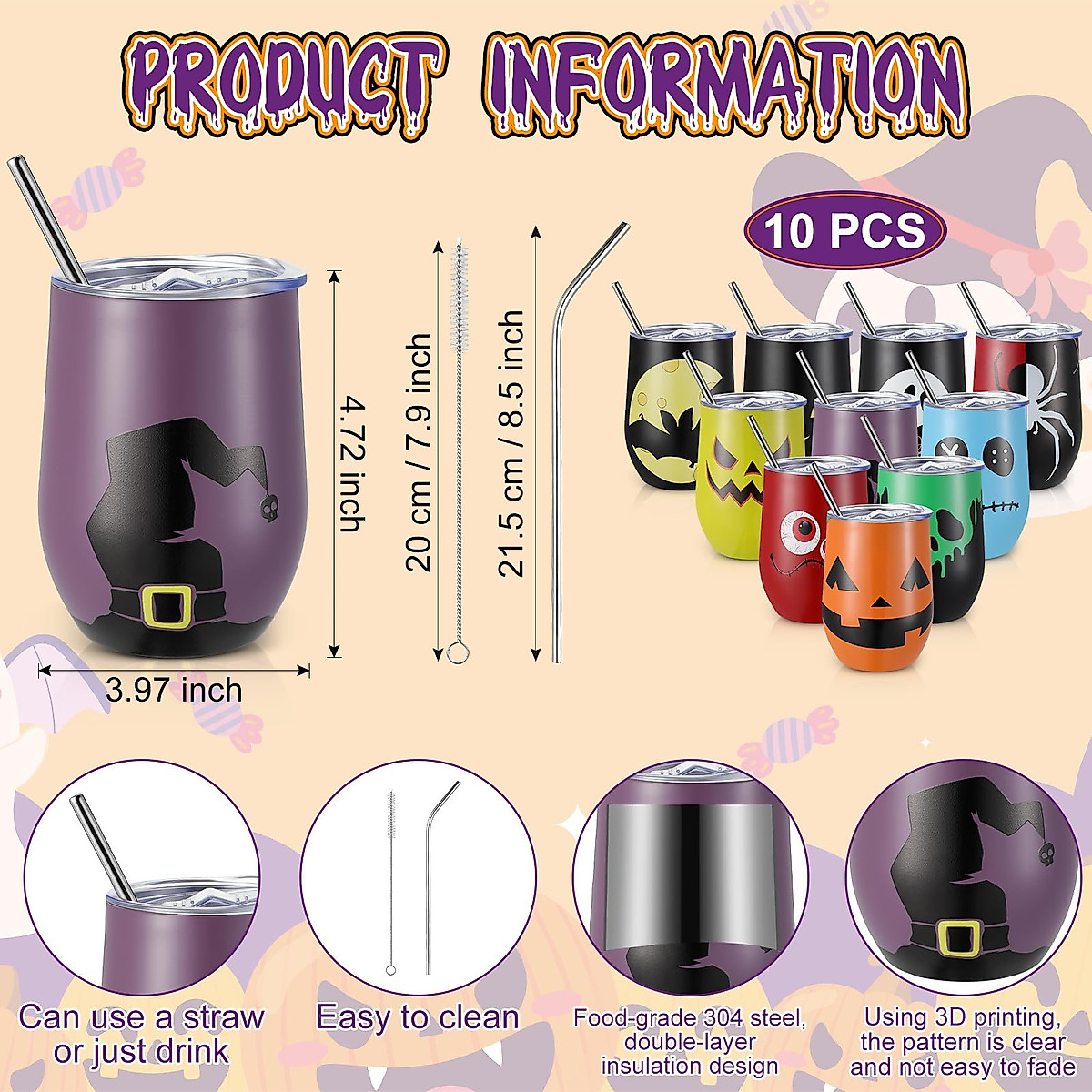 Roshtia 10 Pcs Halloween Mug Set 12 oz Pumpkin Cat Ghost Witch Holiday Cup Halloween Matching Water Tumbler for Home School Office Table Centerpieces Birthday Housewarming Gifts, 10 Styles