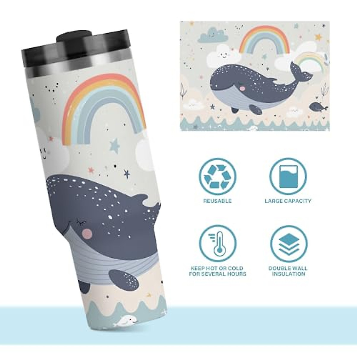 FRCSDIY Rainbow Whale Insulated Tumbler with Handle and Straw Lid,40oz Leakproof Stainless Steel Cup BPA-Free Water Bottle