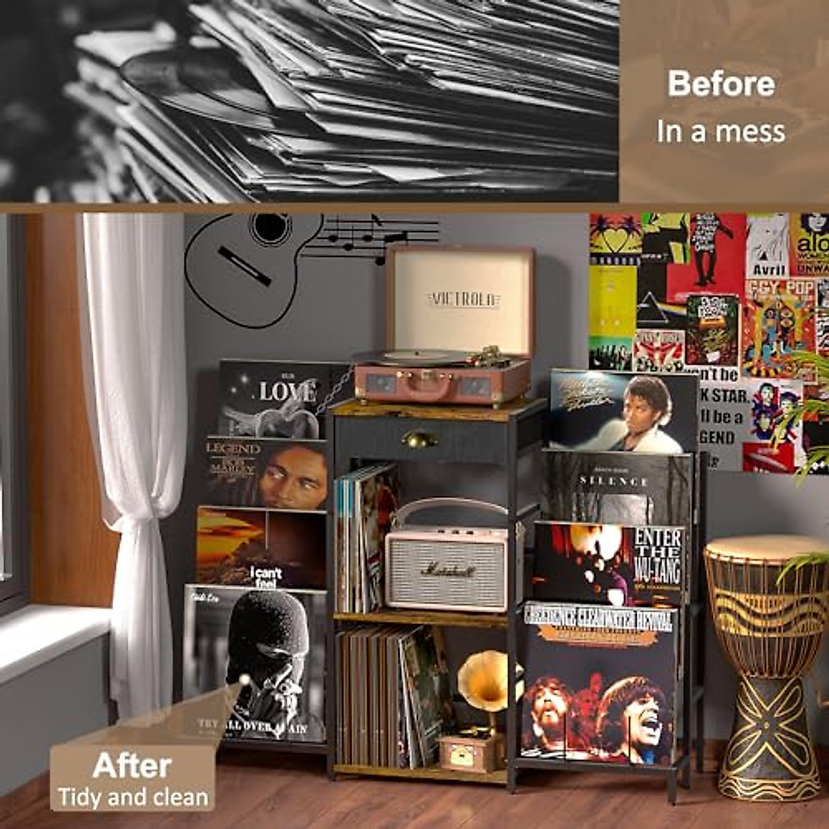 Record Player Stand with Vinyl Storage, Record Player Table with 8-Tier Vinyl Display Holder, Vinyl Record Stand Storage Up to 200 Albums, Turntable Stand with Metal Frame, End Table for Living Room