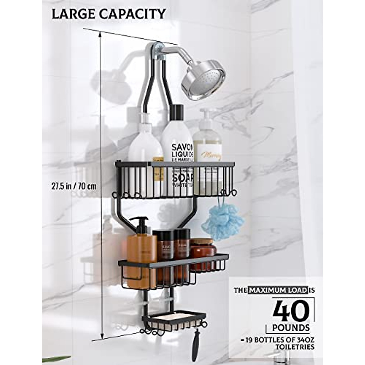 HYSEYY Shower Caddy Over Shower Head Hanging Shower Caddy for Bathroom, No Drilling Rustproof Stainless Steel Hanging Shower Organizer with Soap Holder, 10 Hooks, Large Capacity for Whole Family