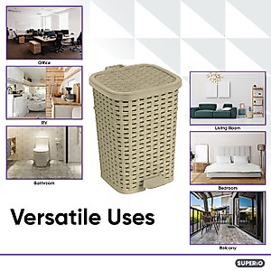 Superio Rattan Compact Trash Bin 6 Liter, Beige and Brown - Wicker Trash Can with Pedal Step On Lid
