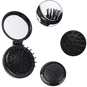 Serrale Folding Hair Brush Mini Round Comb with Mirror Portable Travel HairBrush Pocket Compact Massage Combor for Women & Girls Small Purse, Gym, Trip, School Camping(Black), 2.5x7.5x6.5cm